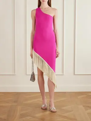 TALLER MARMO One-shoulder Asymmetrical Fringed Stretch-jersey Midi Dress - Pink