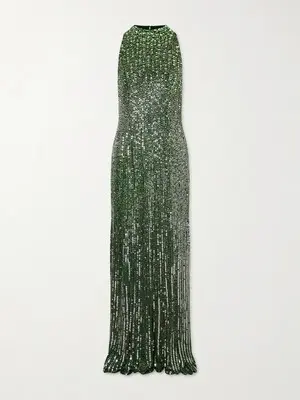 Jenny Packham Benue Sequin-embellished Mesh Halterneck Gown - Green
