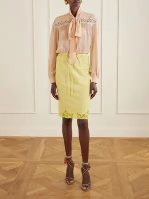 Saint Laurent Lace-trimmed Poplin Midi Skirt - Yellow