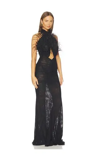 Lapointe Feather Embroidery Sleeveless Halter Ruched Gown