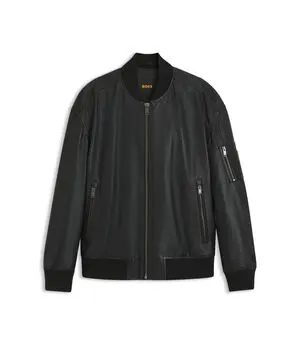 BOSS Leather Bomber Jacket With Sleeve Pocket