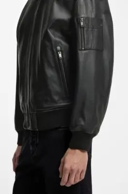BOSS Leather Bomber Jacket With Sleeve Pocket