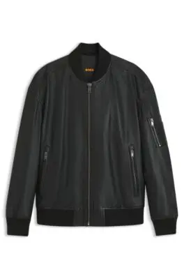 BOSS Leather Bomber Jacket With Sleeve Pocket