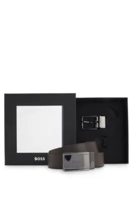 BOSS Reversible Leather Belt With Pin And Plaque Buckles