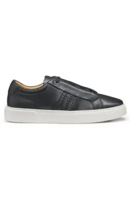 BOSS Low-top Leather Trainers With Woven Detail - Black