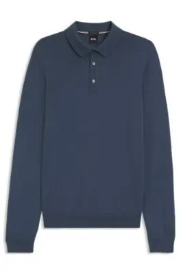 BOSS Knitted Polo Sweater In Virgin Wool - Light Blue