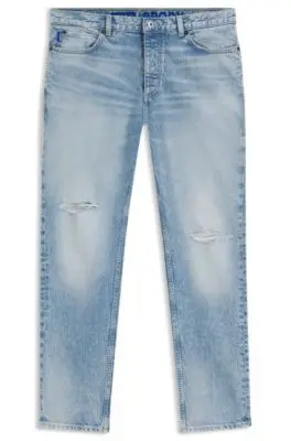 Hugo Tapered-fit Jeans In Distressed Denim - Turquoise