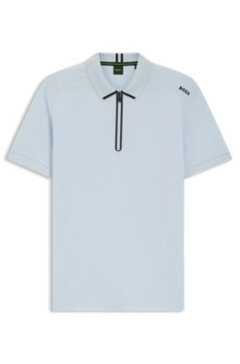 BOSS Framed-zip Polo Shirt In Waffle Jacquard - Light Blue