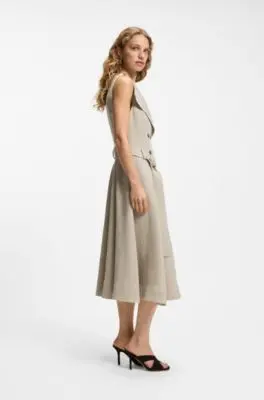 BOSS Double-breasted Wrap Dress In Herringbone Linen Blend - Patterned