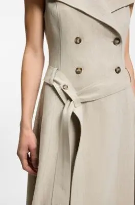 BOSS Double-breasted Wrap Dress In Herringbone Linen Blend - Patterned