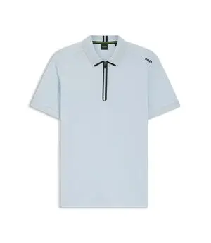 BOSS Framed-zip Polo Shirt In Waffle Jacquard - Light Blue