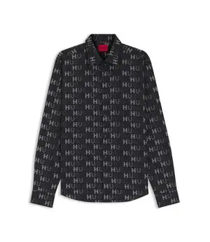 Hugo Printed Slim-fit Shirt In Cotton Poplin