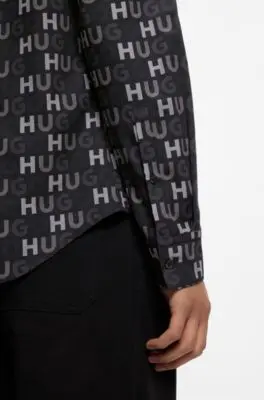 Hugo Printed Slim-fit Shirt In Cotton Poplin