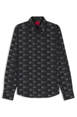 Hugo Printed Slim-fit Shirt In Cotton Poplin
