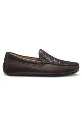 BOSS Leather Moccasins With Woven Vamp - Dark Brown