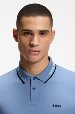 BOSS Stretch-cotton Slim-fit Polo Shirt With Branding And Stripes - Light Blue