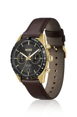 BOSS Tourmaster Gold-tone Watch With Brown Leather Strap - Assorted Pre Pack