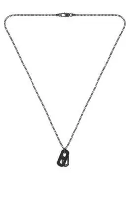 BOSS Black-plated Necklace With Leather Tag And Metal Link