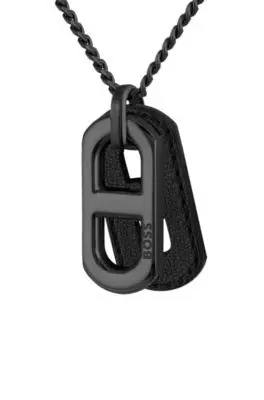 BOSS Black-plated Necklace With Leather Tag And Metal Link