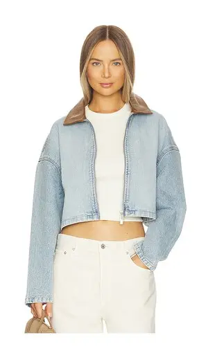 SEROYA Coop Denim Jacket With Leather Collar Detail