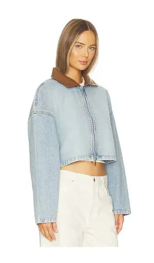 SEROYA Coop Denim Jacket With Leather Collar Detail