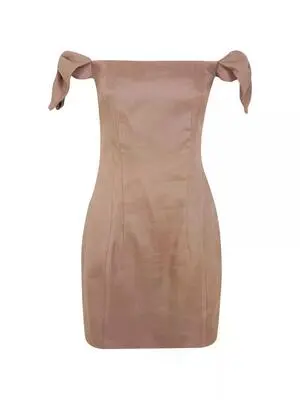 Elisabetta Franchi Off-the-shoulder Linen-blend Mini Dress With Bow Accents - Brown