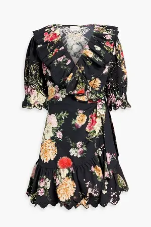 Camilla Broderie Anglaise-trimmed Floral-print Cotton-poplin Mini Wrap Dress - Black