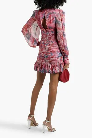 PatBO Twist Ruched Metallic Printed Mesh Mini Dress