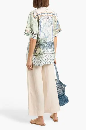 Camilla Crystal-embellished Printed Linen Shirt - Mint