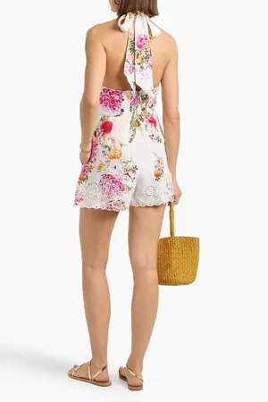 Camilla Floral-print Broderie Anglaise Linen Halterneck Playsuit - Ecru