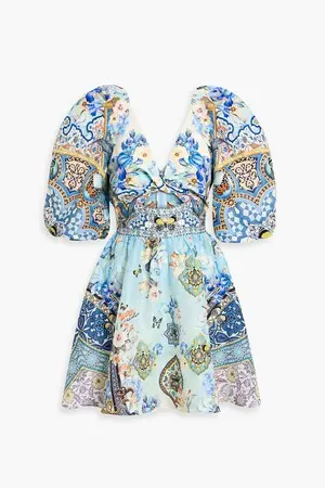 Camilla Crystal-Embellished Printed Mini Dress - Light Blue