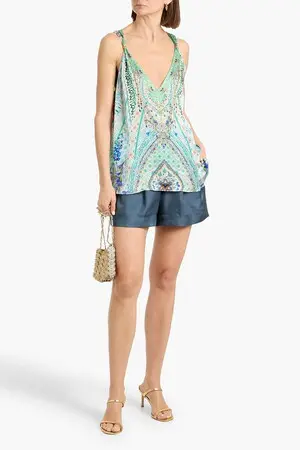 Camilla Embellished Printed Silksatin Top - Mint