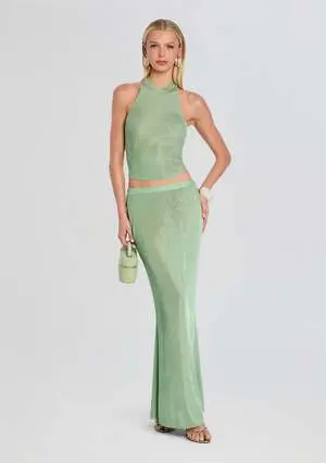 SEROYA Harmony Metallic Knit Skirt - Sage