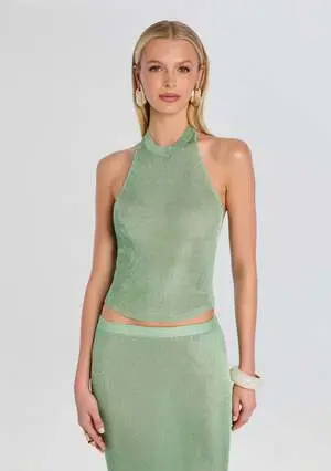 SEROYA Minnie Metallic Knit Halter Top - Sage