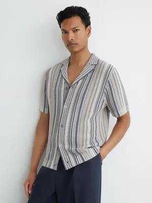 REISS Caden Textured-knit Stripe Cuban-collar Shirt - Blue/camel