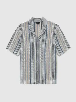 REISS Caden Textured-knit Stripe Cuban-collar Shirt - Blue/camel
