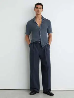 REISS Buzzard Open-knit Button-through Shirt - Airforce Blue