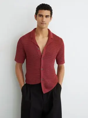 REISS Buzzard Open-knit Button-through Shirt - Rust Red