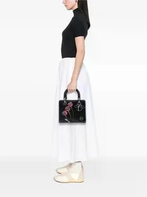 Dior 2016 Medium Embroidered Flower Lady Satchel - Black