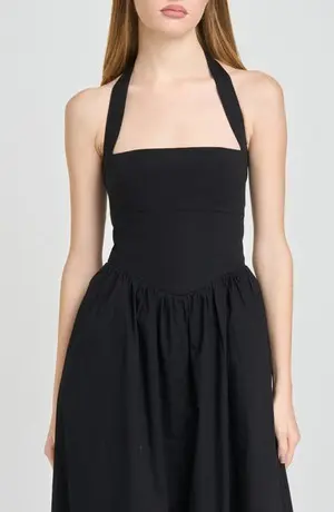 WAYF Camellia Halter Neck Midi Dress - Black