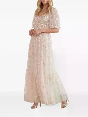 NEEDLE & THREAD Meadow Ditsy Embroidered Gown - Neutrals