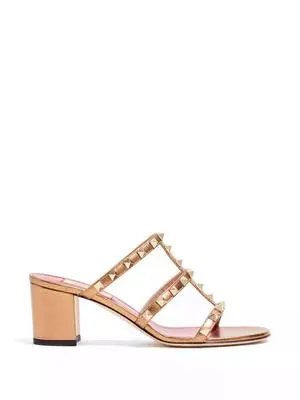 Valentino Garavani Rockstud Laminated Nappa Leather Slide Sandals - Gold