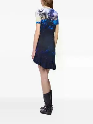Rabanne Sunset-print Mini Dress With Ruffled Trim - Blue