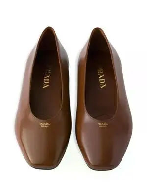 Prada Brushed Leather Square Toe Ballerinas - Brown