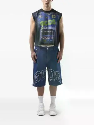 Gcds Frayed Logo Patch Denim Shorts - Blue