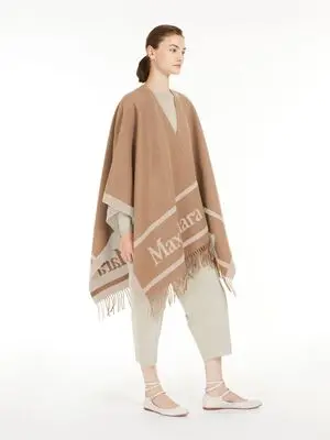 Max Mara Jacquard Wool Poncho With Fringe - Camel