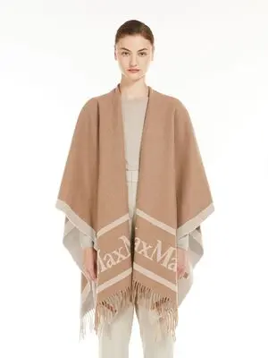 Max Mara Jacquard Wool Poncho With Fringe - Camel