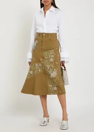 Erdem Embroidered Denim Midi Skirt