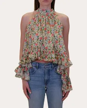 Azeeza Floral Voile Asymmetric Ruffle Halter Top - Multicolor