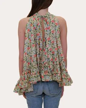 Azeeza Floral Voile Asymmetric Ruffle Halter Top - Multicolor